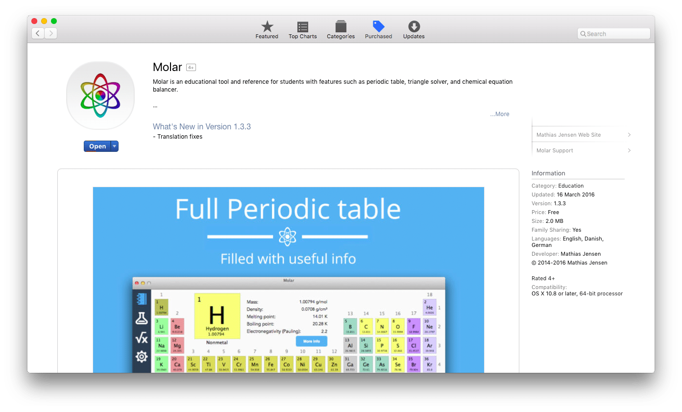 Molar แอปตารางธาตุ ดุลสมการ หามวลโมเลกุล แก้สมการ กำลังปล่อยฟรีบน OS X