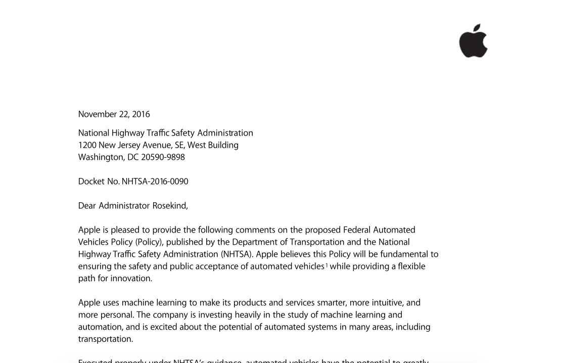 Apple ส่งจดหมายหาทางหลวงสหรัฐฯ เรื่องการทดสอบรถขับเคลื่อนอัตโนมัติ